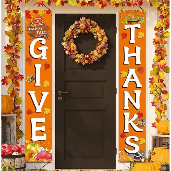 Holiday | Give Thanks Hanging Banner Porch Sign Autumn Pumpkin Maple ...